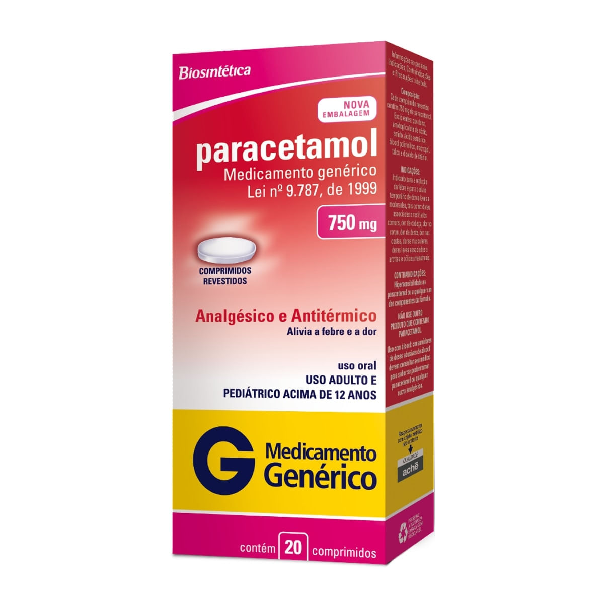 Paracetamol 750mg 20 Comprimidos Revestidos Biosintética Genérico - D ...