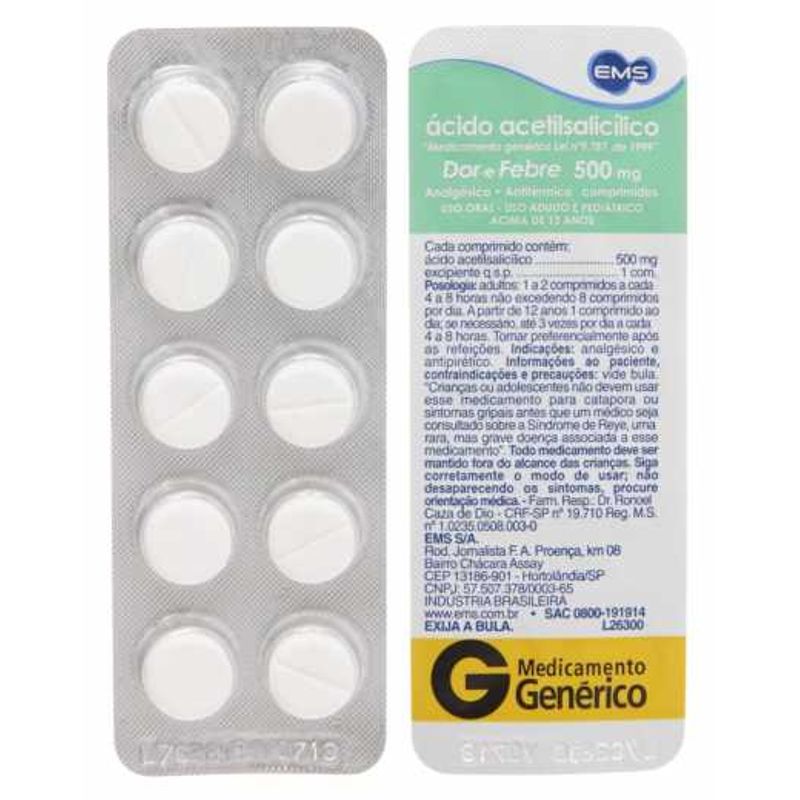 Ácido Acetilsalicílico 500mg Comprimido - Blíster com 10 Comprimidos ...