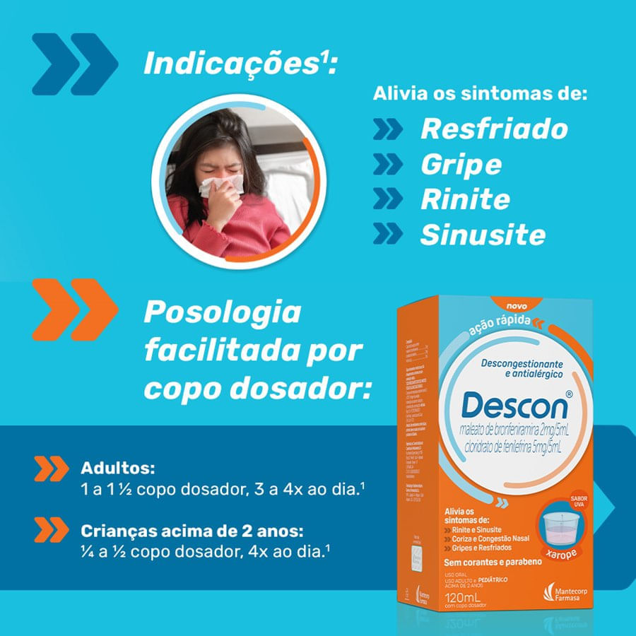 Descon Maleato de Bronfeniramina 2mg/5ml + Cloridrato de Fenilefrina 5mg/5ml Xarope 120ml - D'Or ...